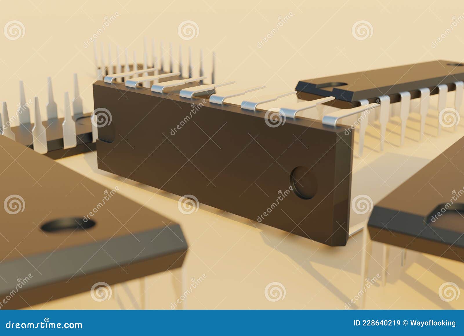 Integrated Circuits Chips or IC on Flat Surface. 3D Rendering ...