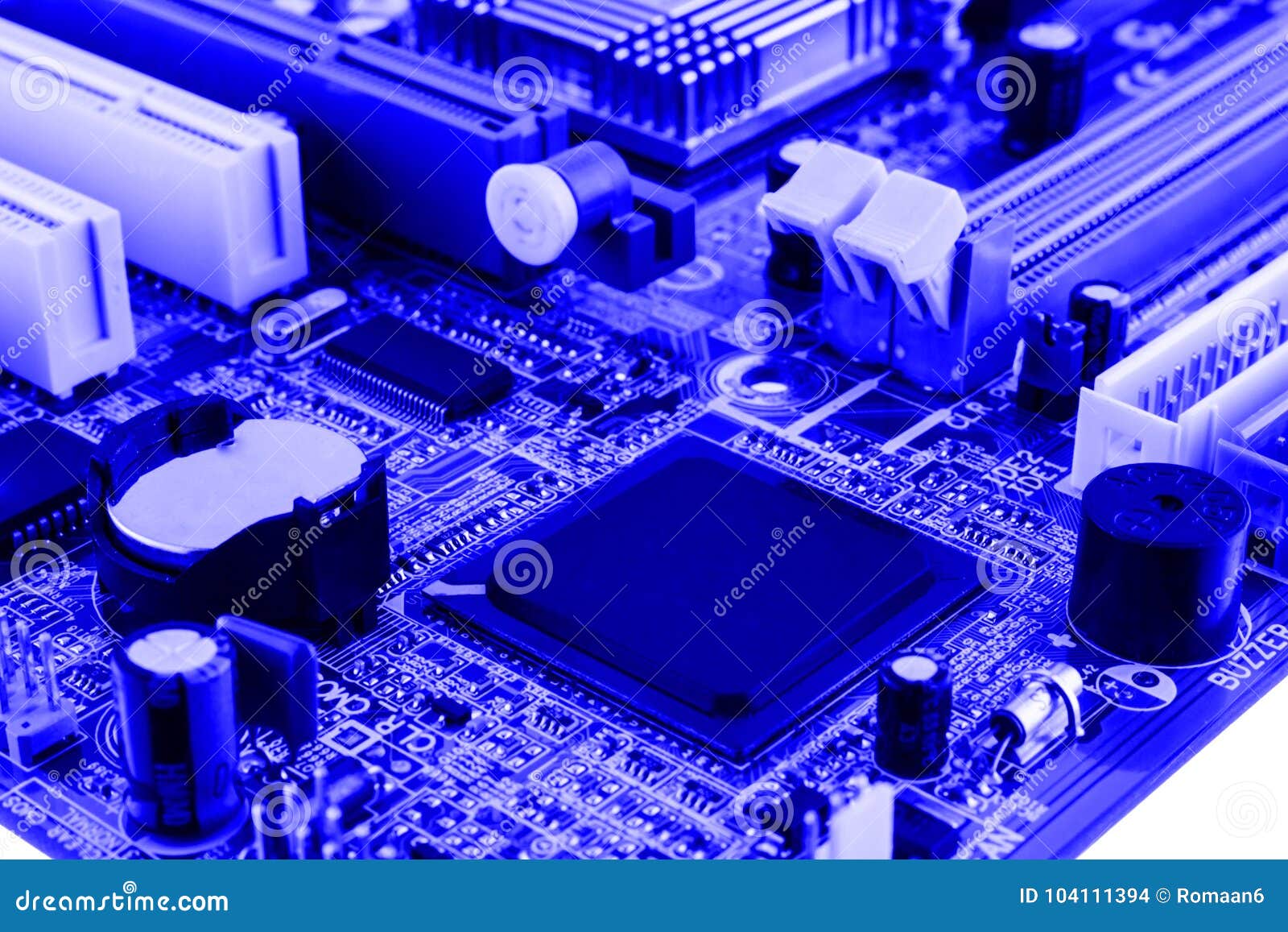 Integrated Semiconductor Microchip on Blue Circuit Board Representative ...