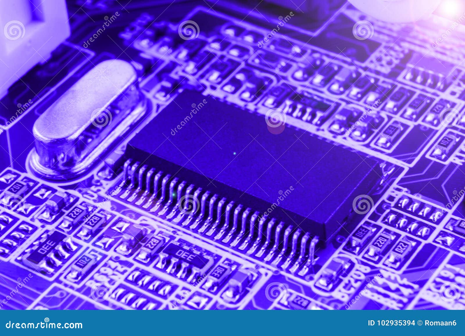 Integrated Semiconductor Microchip on Blue Circuit Board Representative ...