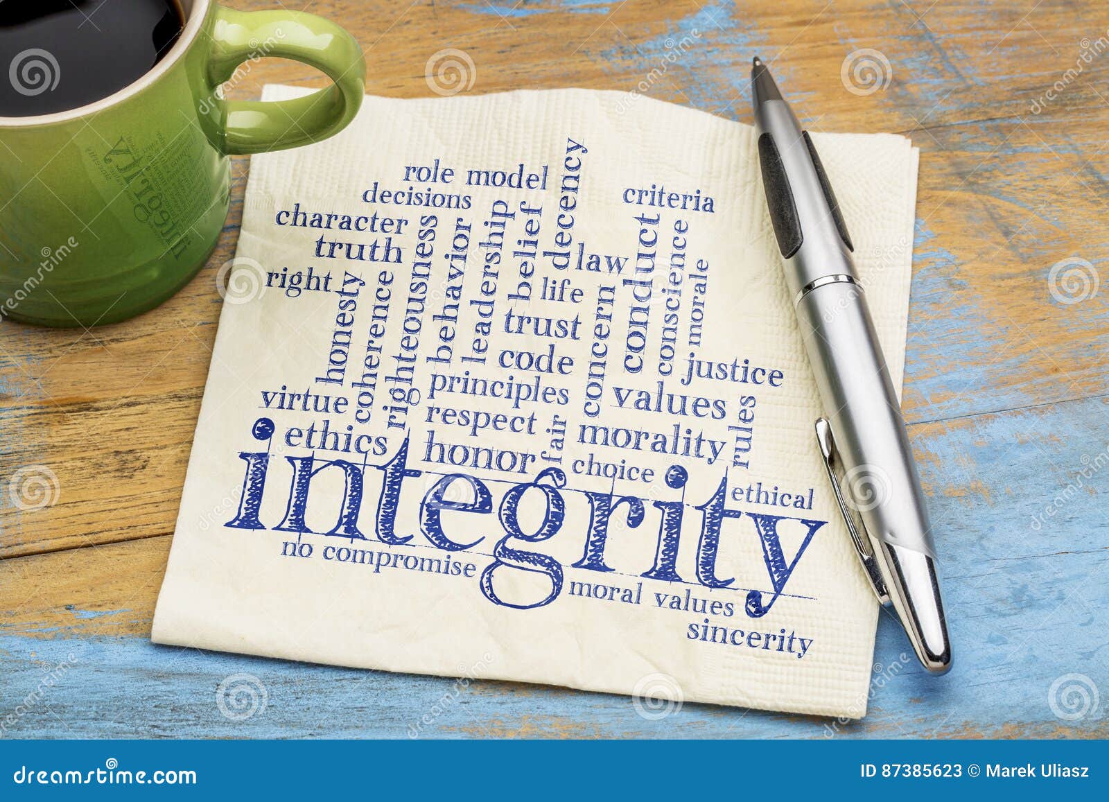 Integrity Word Cloud on Napkin with Coffee Stock Image - Image of code ...