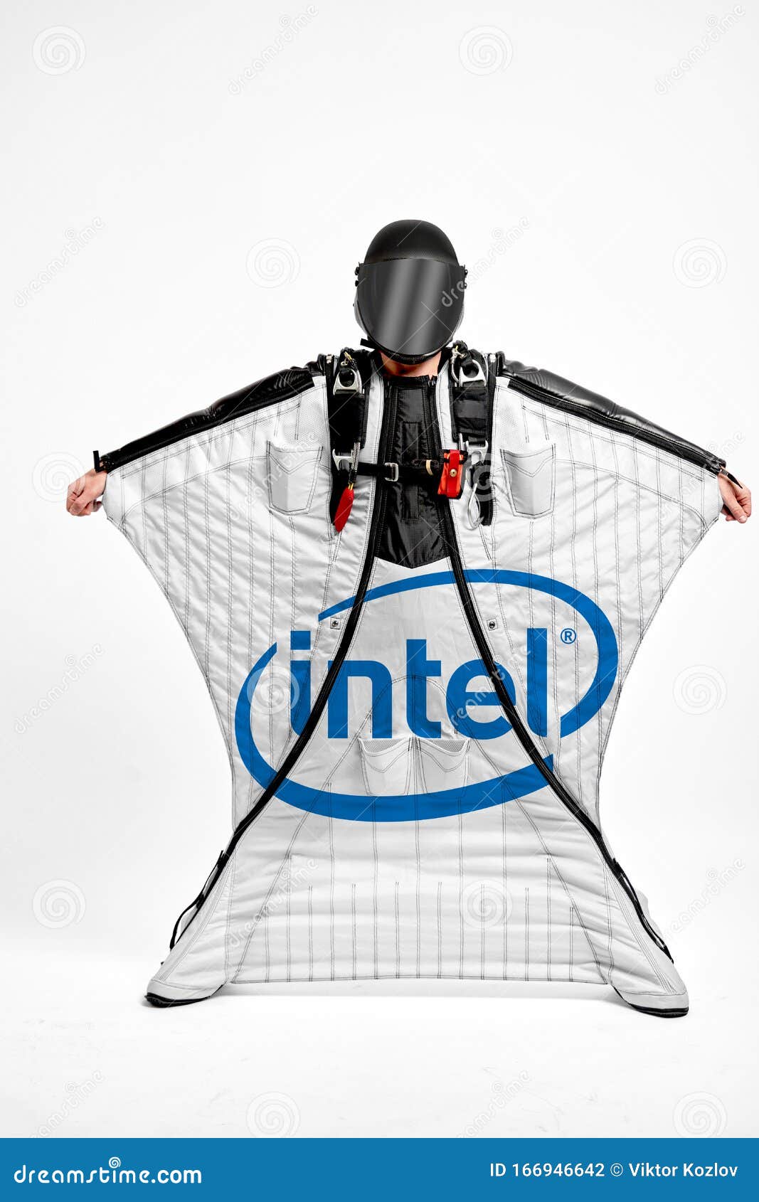 Intel. Men in Wing Suit Equipment.Demonstration of Popular Brands ...
