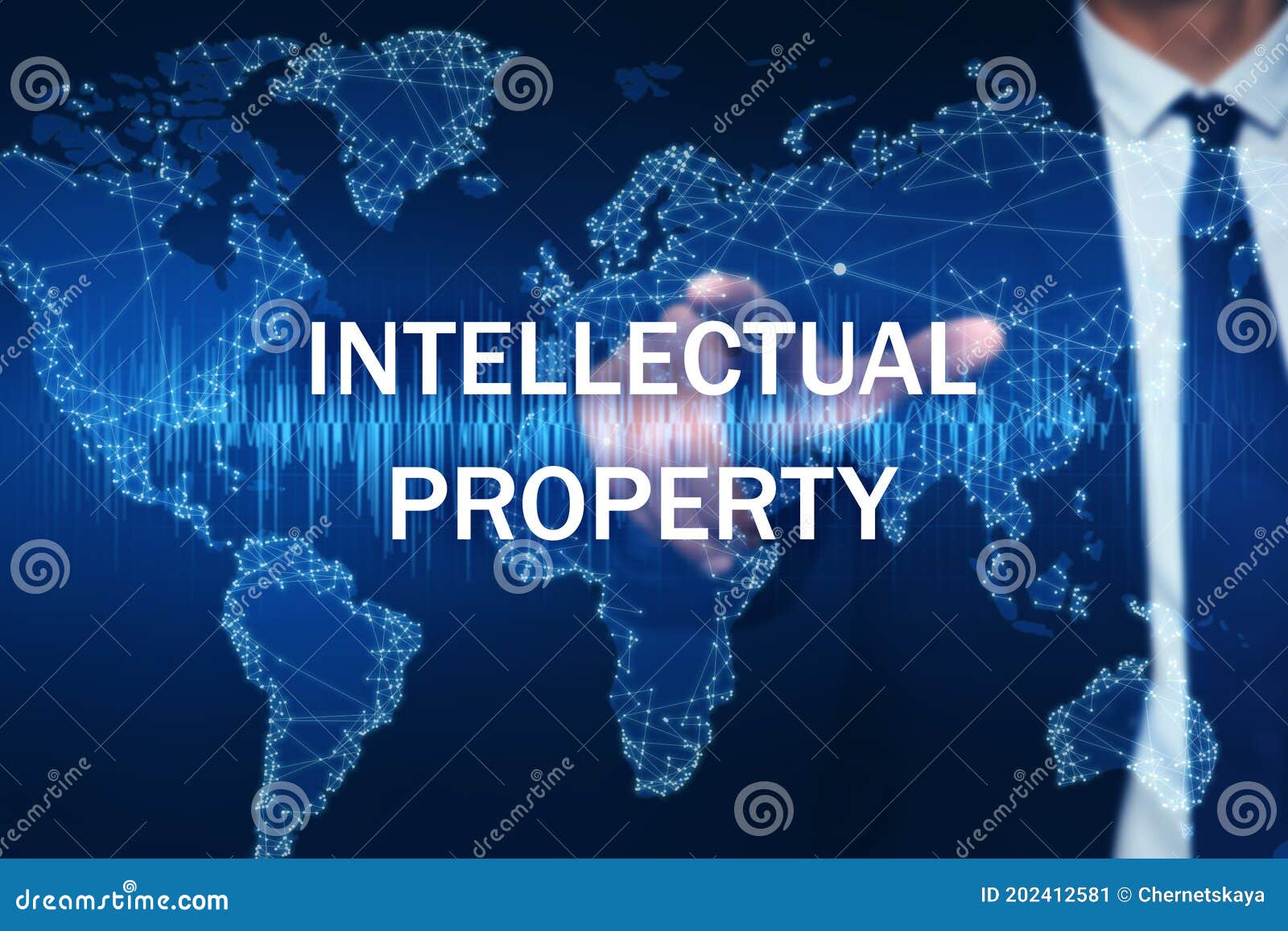 Intellectual Property Concept. Man Using Virtual Screen with World Map ...
