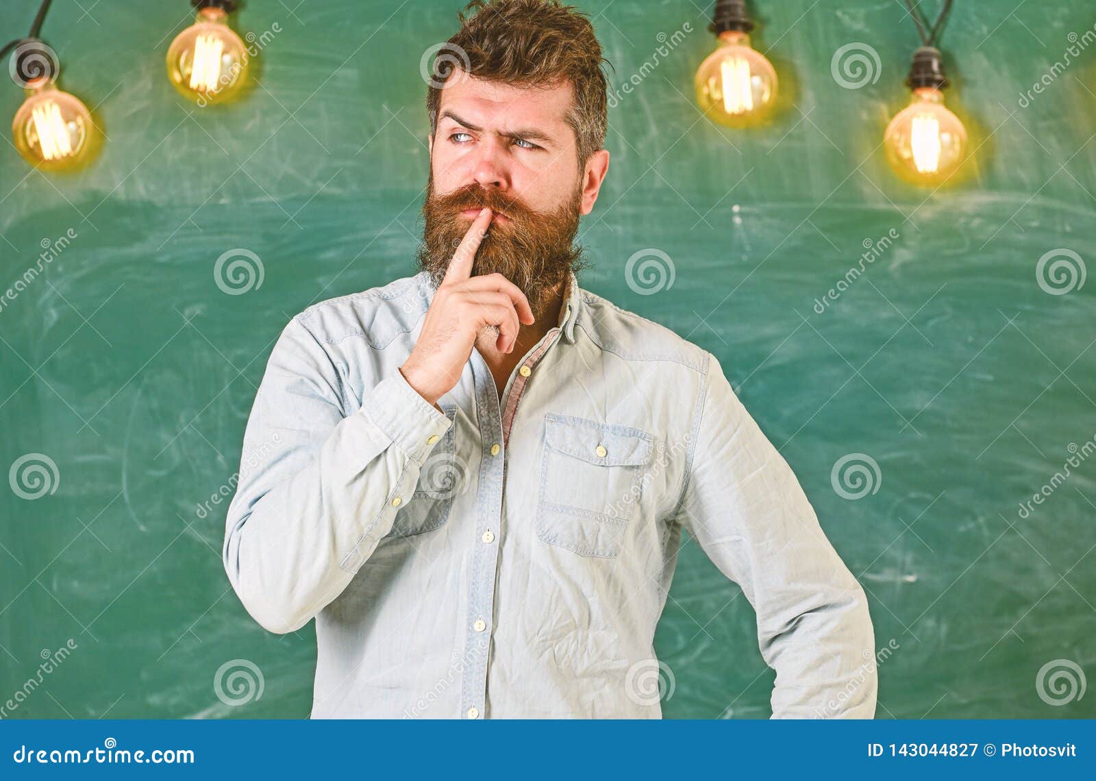 Intellectual Task Concept. Bearded Hipster in Shirt, Chalkboard on ...