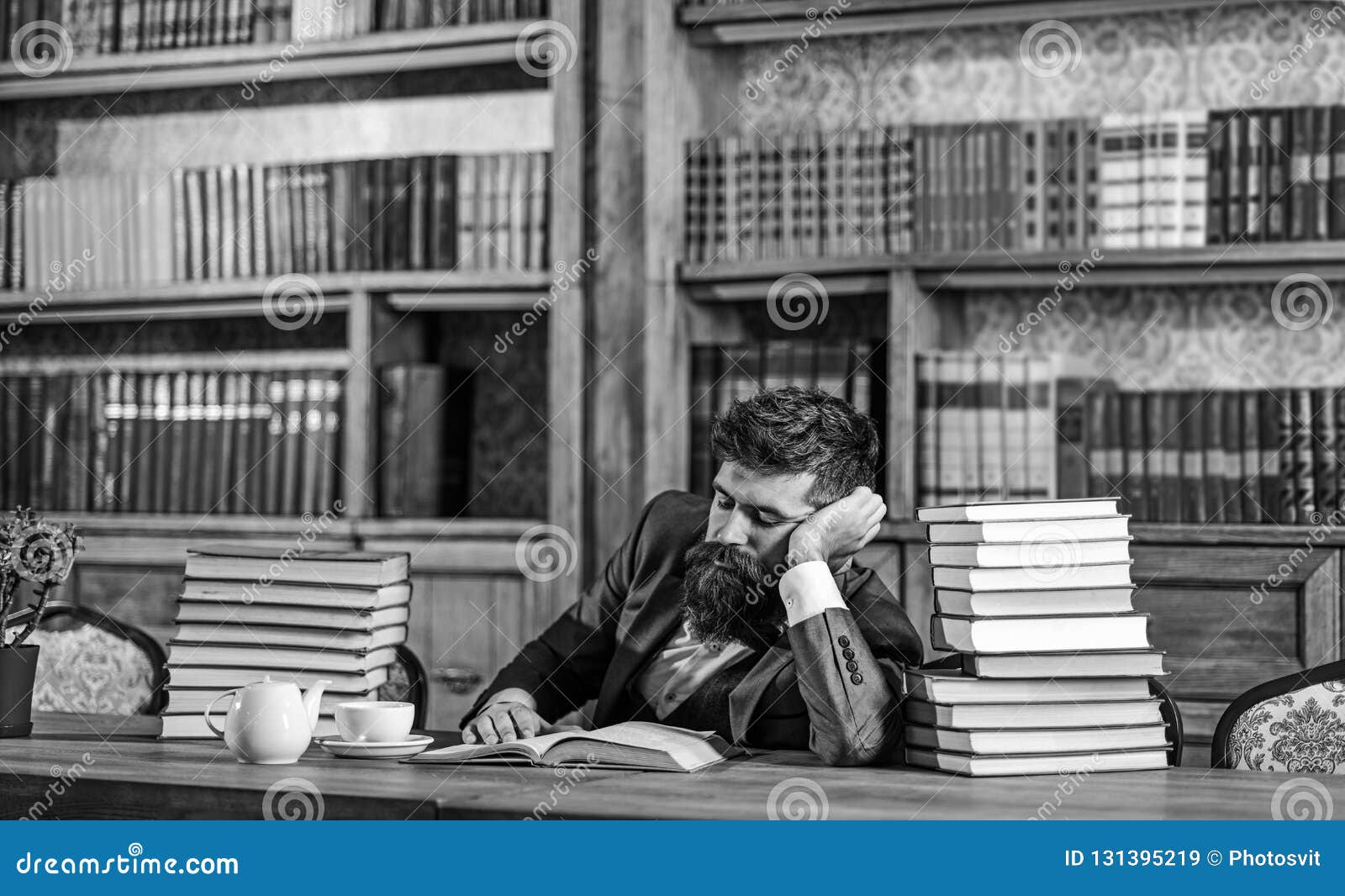 Intellectual Work Concept. Bearded Man in Library Has Intellectual Work ...