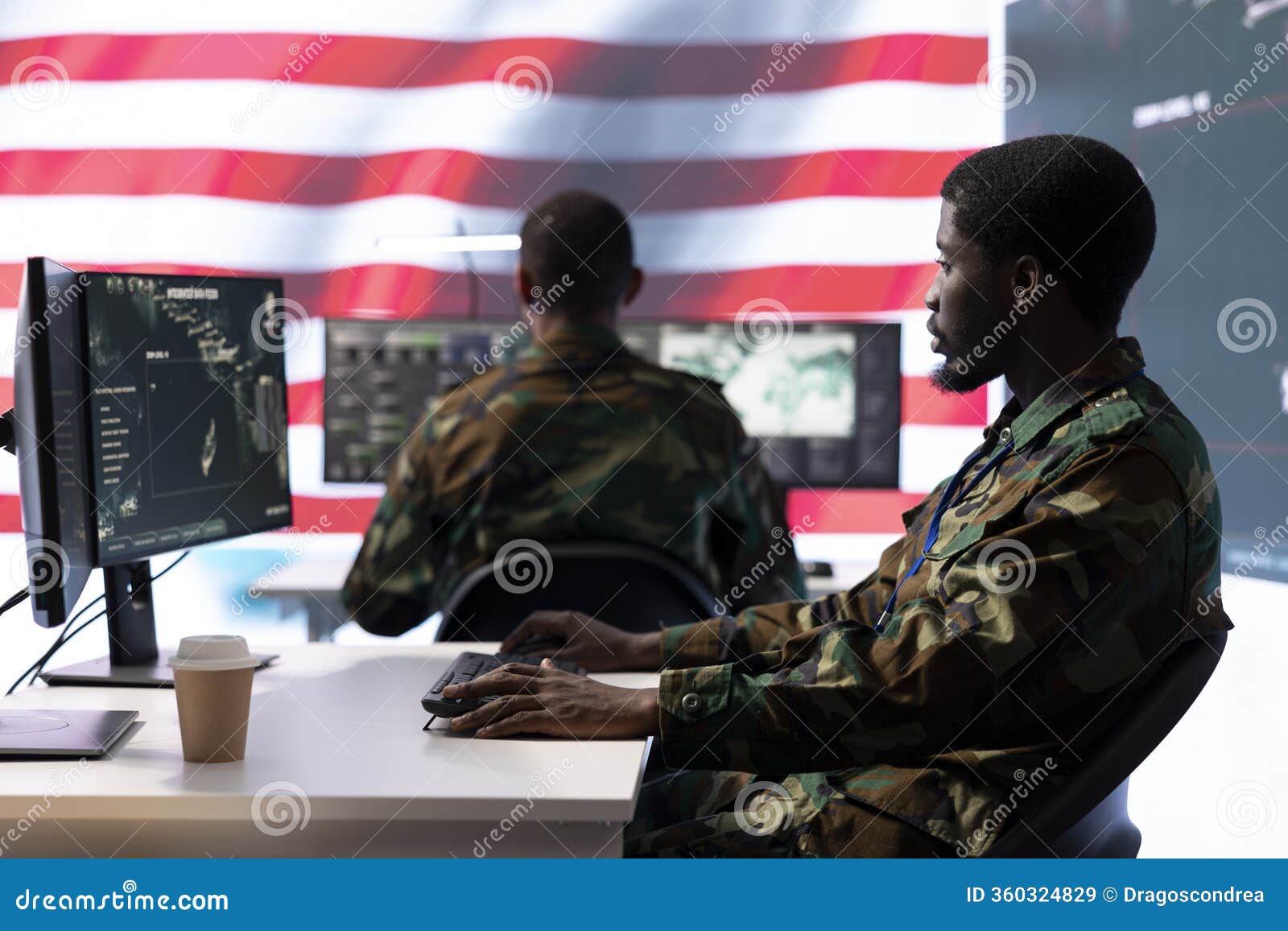 Intelligence Officers in American Military Uniforms Work on Computers ...