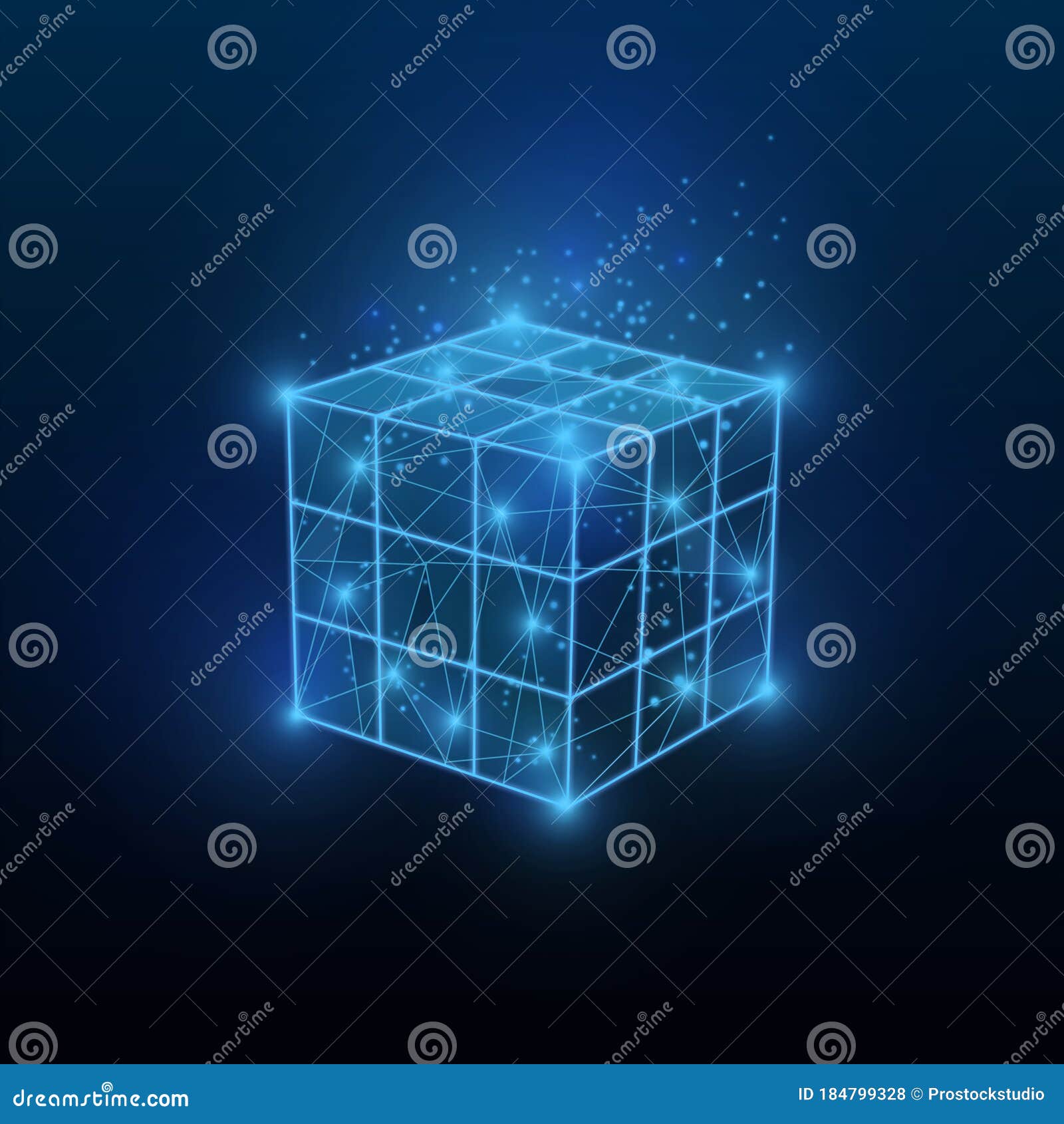 Intelligence and Tech Innovations. Glowing Polygonal Rubik Cube on Dark ...