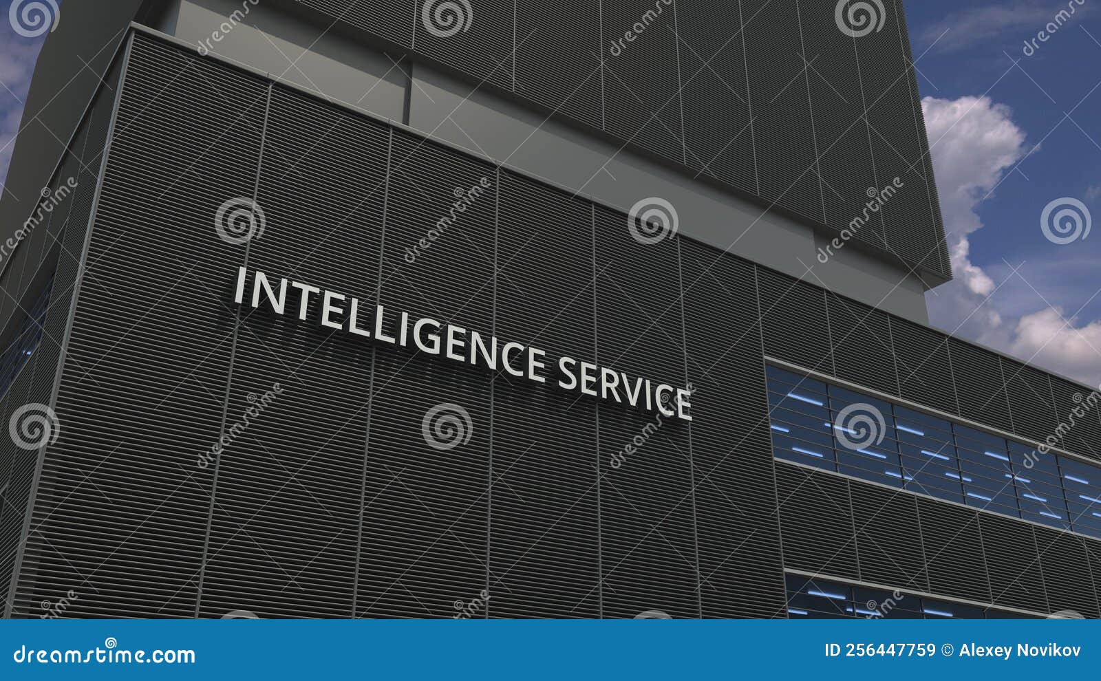INTELLIGENCE Text on a Modern Office Building, 3d Rendering Stock ...