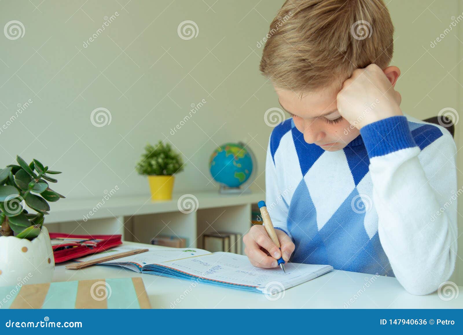 Intelligent Boy Makes Homework in His Room Stock Photo - Image of ...