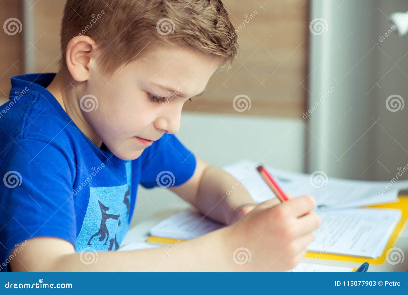 Intelligent Boy Makes Homework in His Room Stock Image - Image of ...