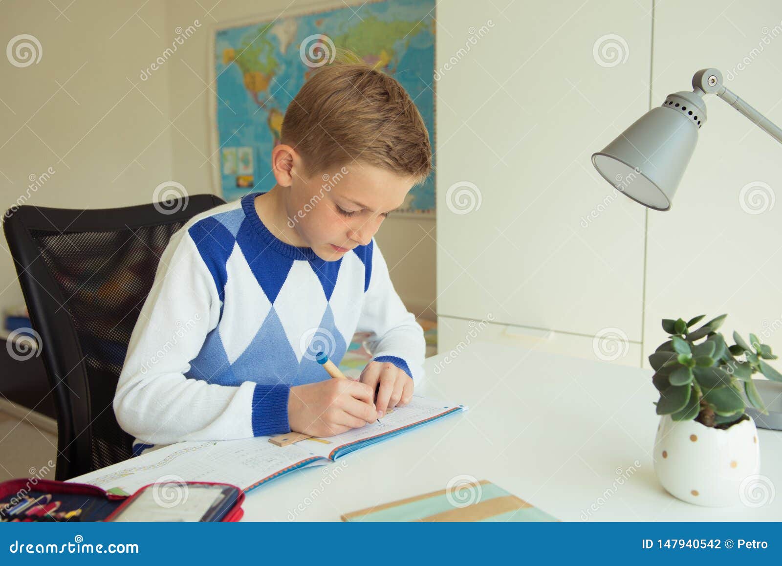 Intelligent Boy Makes Homework in His Room Stock Photo - Image of ...