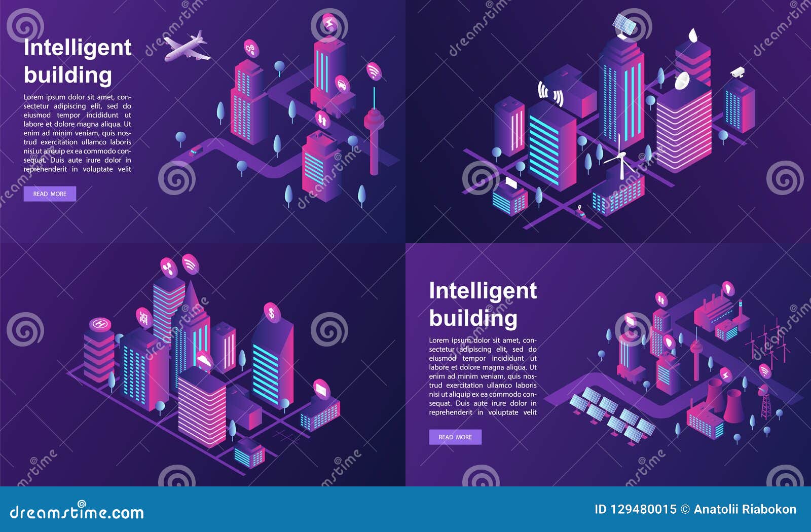 Intelligent Building Banner Set, Isometric Style Stock Vector ...