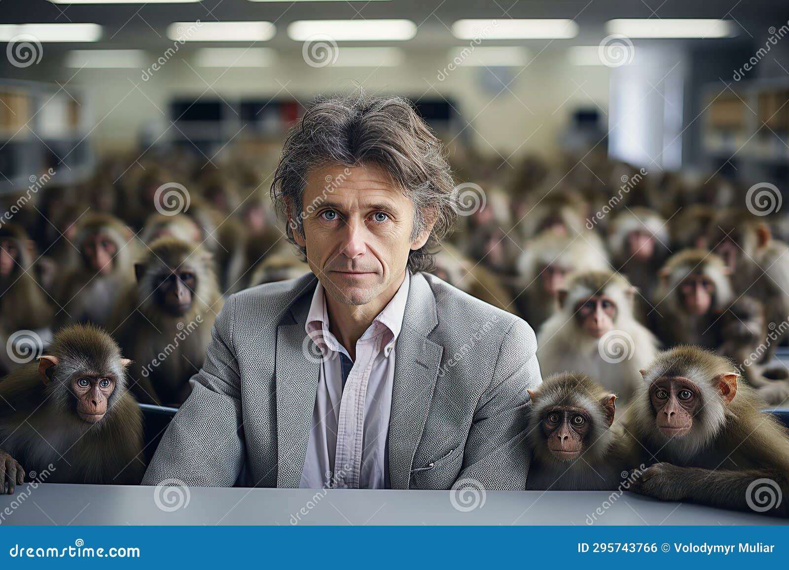 An Intelligent-looking Man Surrounded by a Large Number of Monkeys in ...