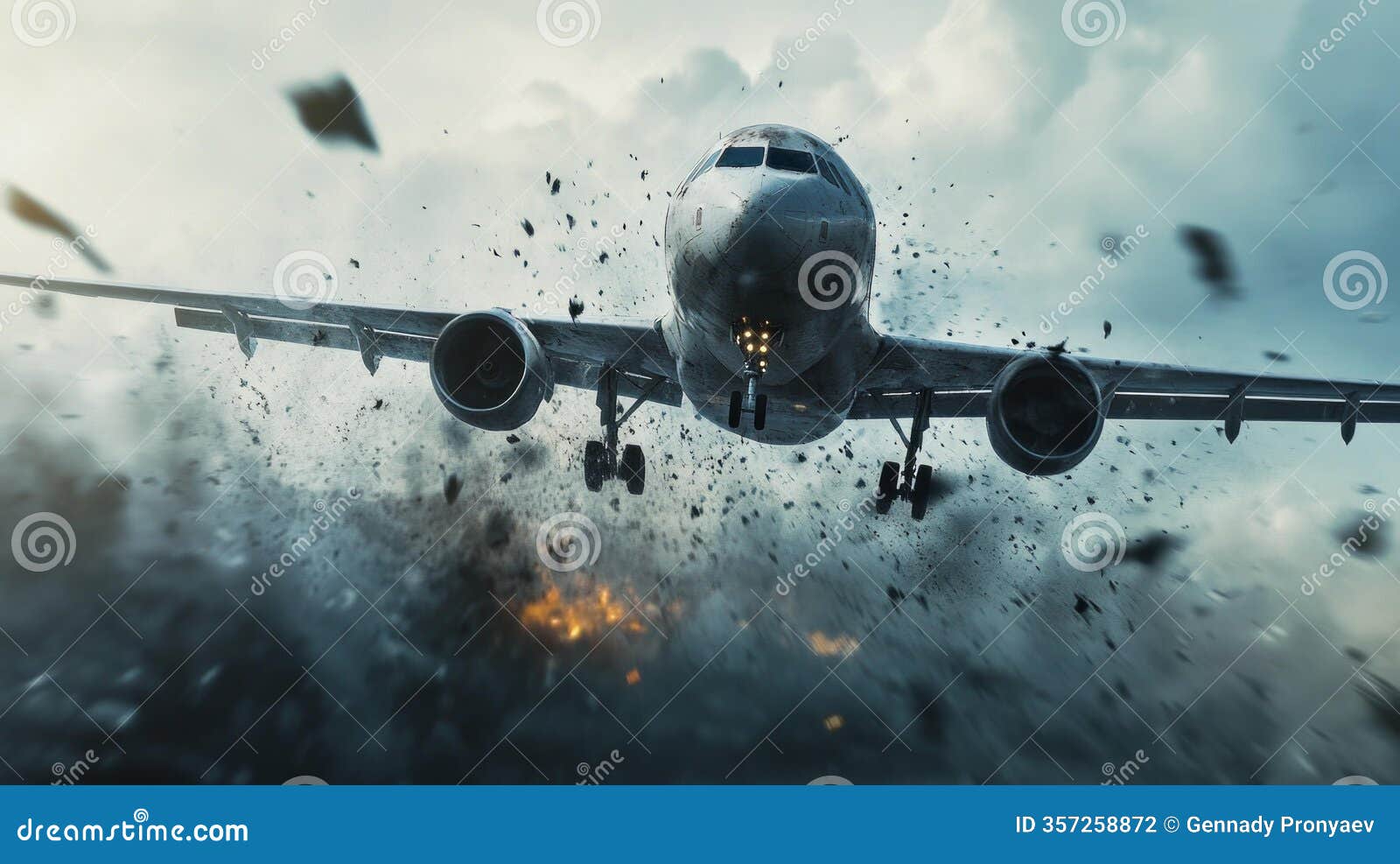 Intense Aircraft Explosion Scene with Debris and Smoke for Action Theme ...