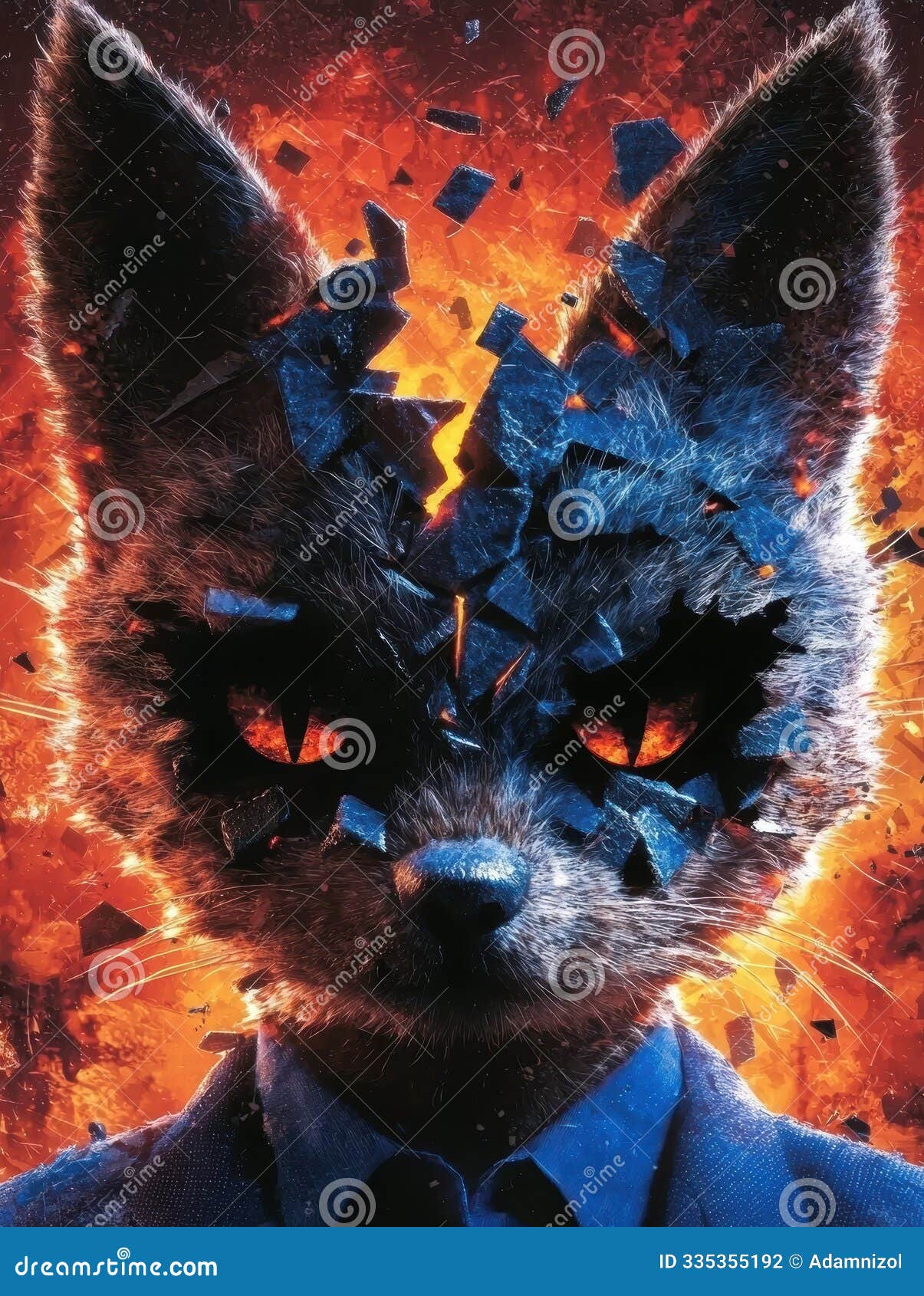 Intense Close-up of a Dark Cat with Glowing Eyes and Shattered Glass ...