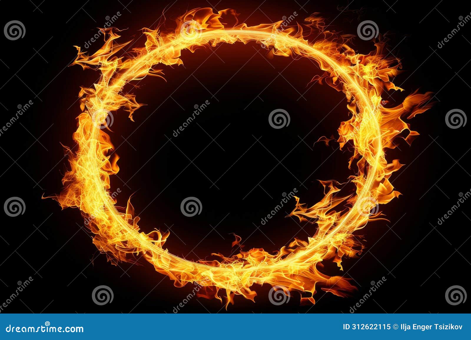 Intense Fiery Flames Circle Frame Design on Dark Background for ...