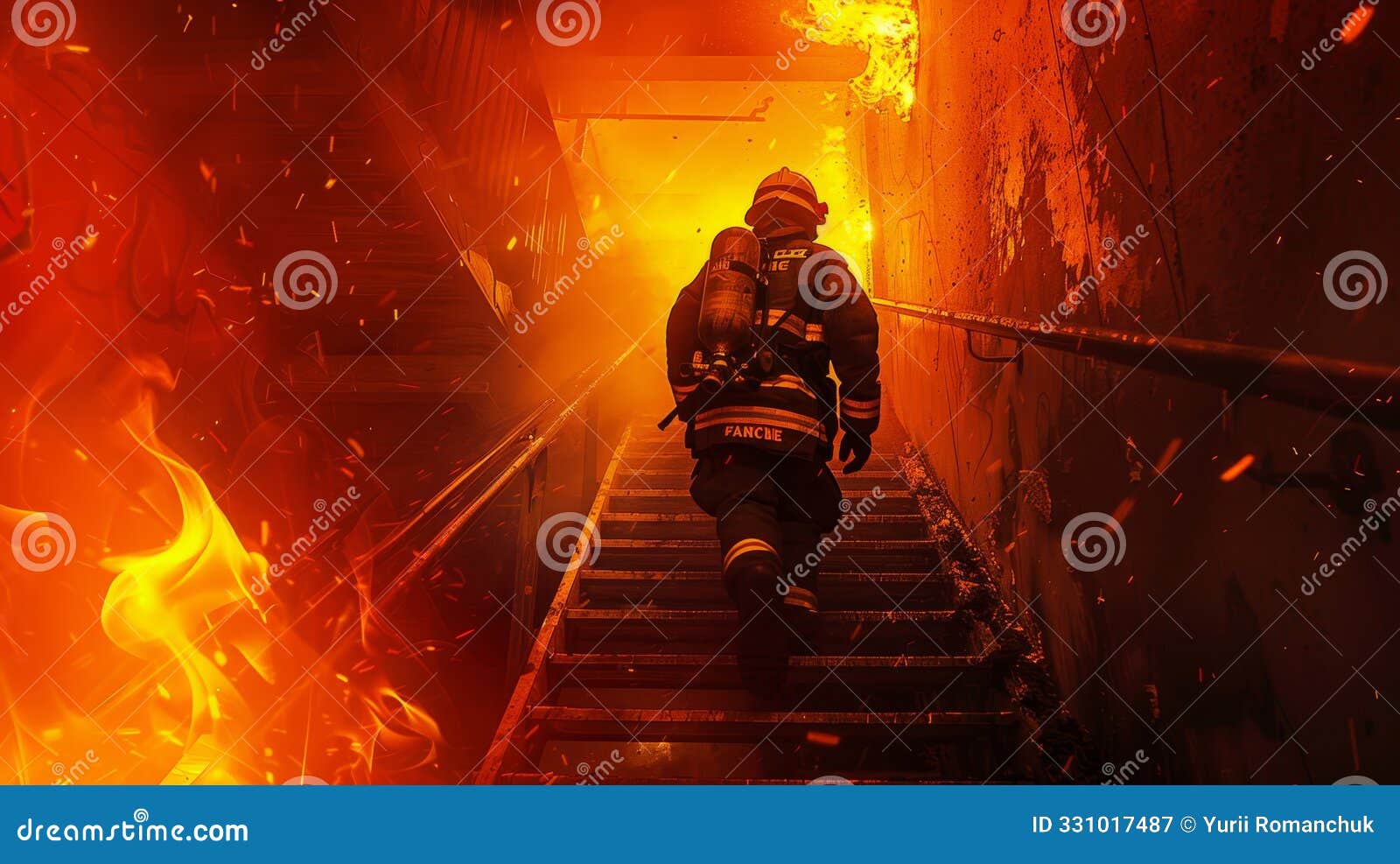 Intense Firefighter Climbing Stairs in Burning Building Dramatic Scene ...