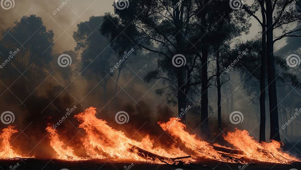 Intense Flames Consume Forest in Dramatic Fire Scene. Stock Photo ...