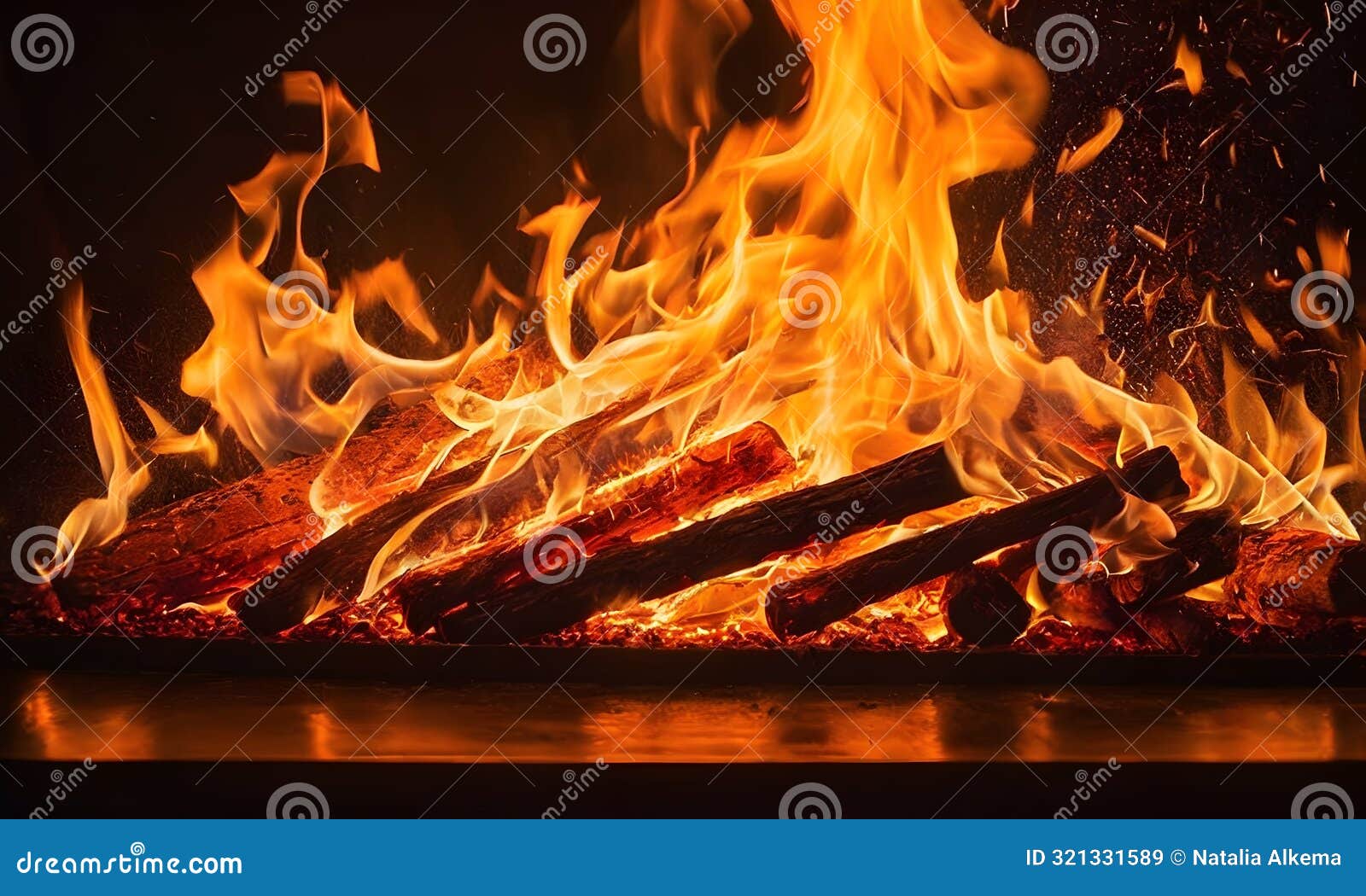 Intense Flames Dancing on Firewood in a Fireplace. AI Illustration ...