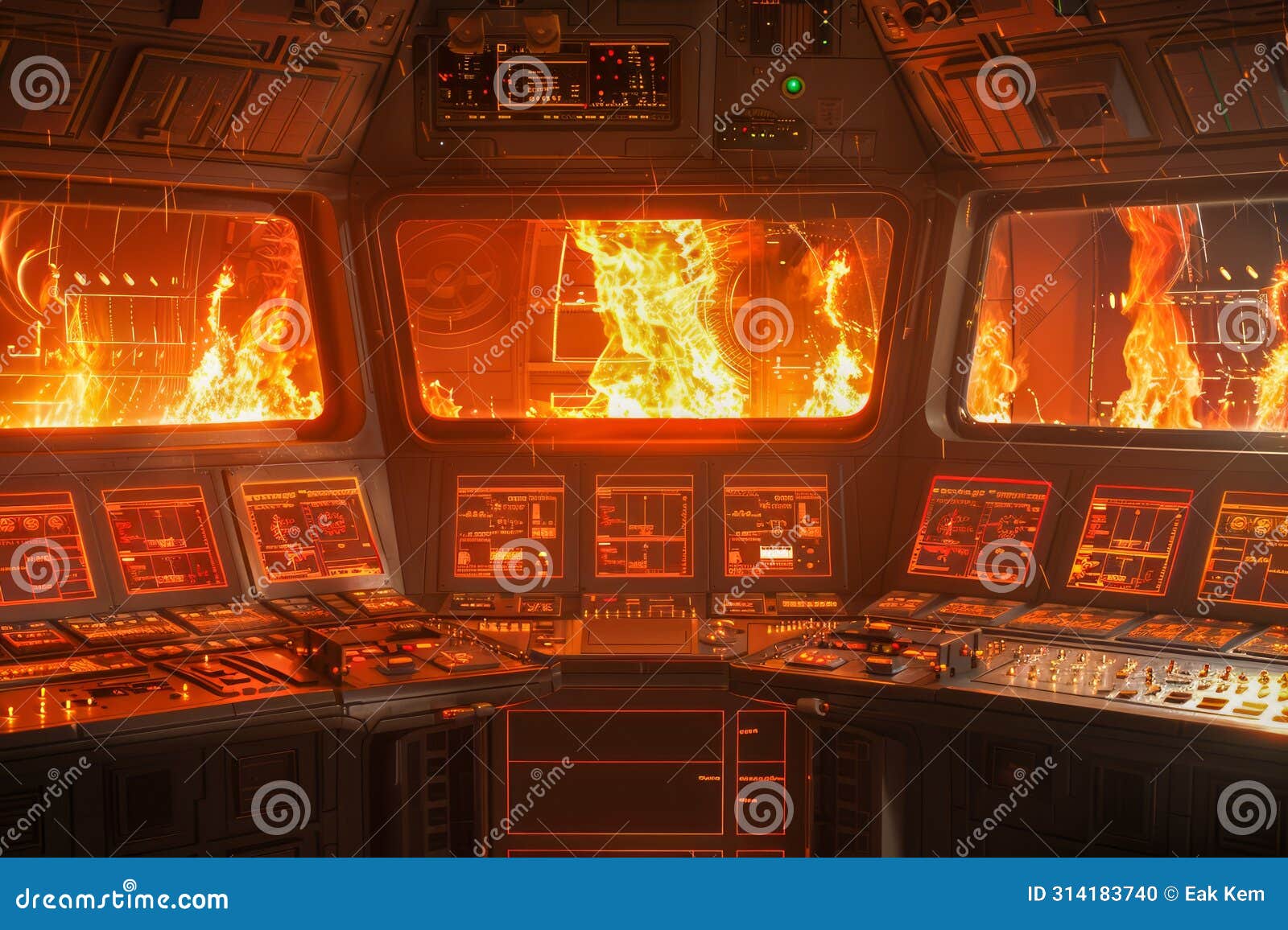 Intense Flames Engulfing Spacecraft Control Room with Illuminated ...