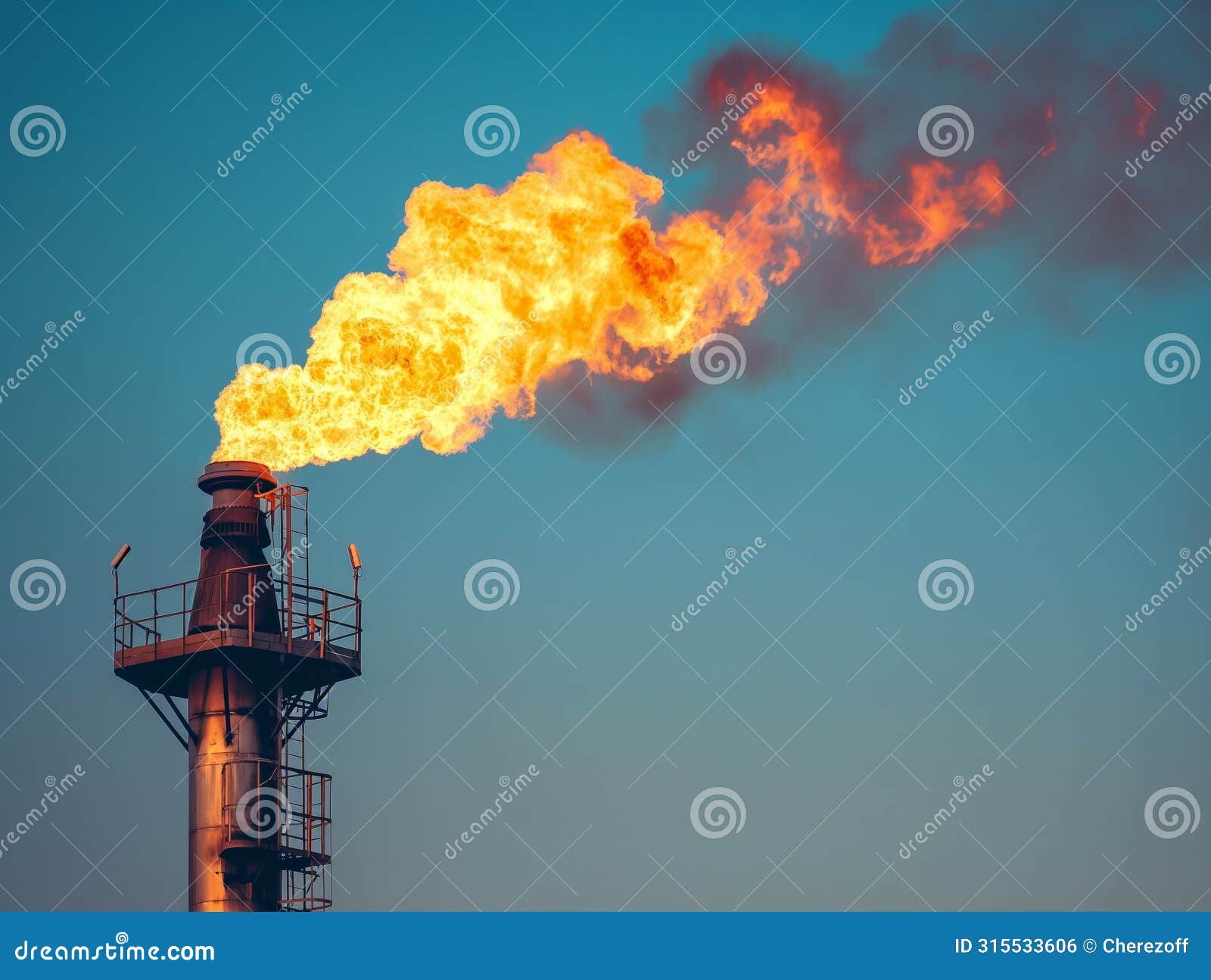 Industrial Flare Stack with Fire Against Twilight Sky Stock Photo ...