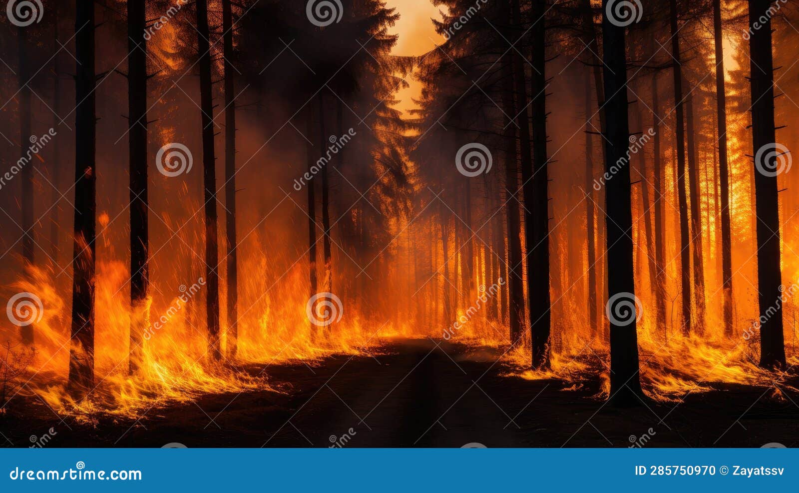 Intense Flames from a Massive Forest Fire. Flames Light Up the Night As ...