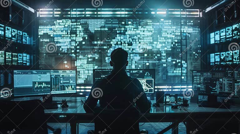 Intense Focus on Data Analysis in a High-tech Cyber Control Room with Digital Displays and ...