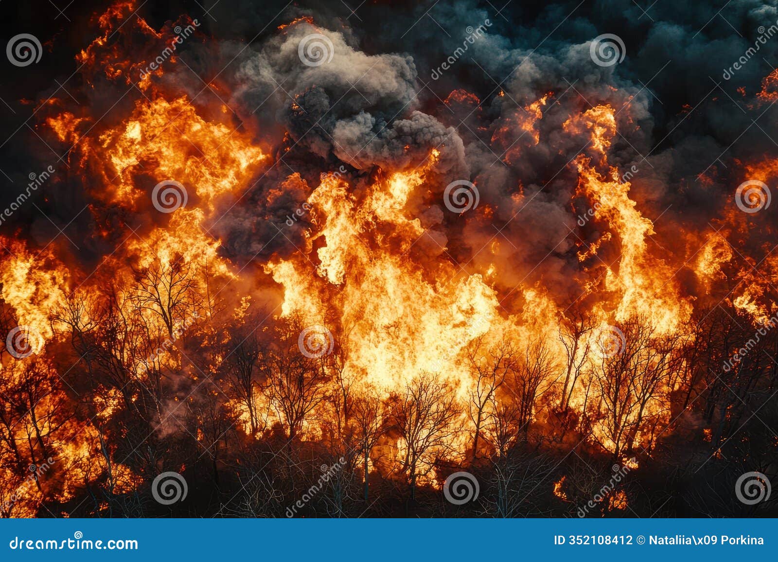 Intense Forest Fire with Dense Smoke and Flames Engulfing Trees in ...