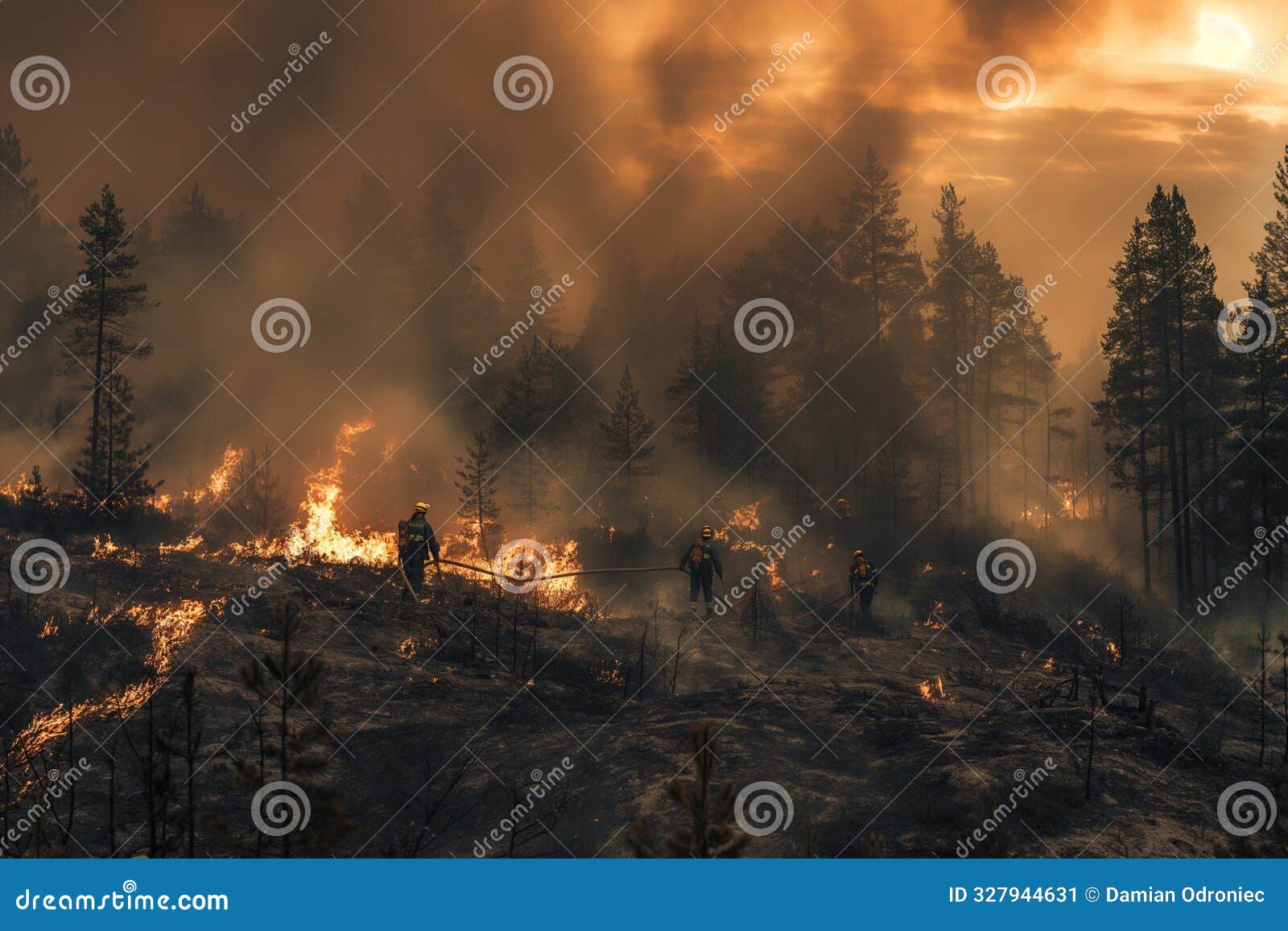 Intense Forest Fire with Firefighters Battling Flames Stock ...