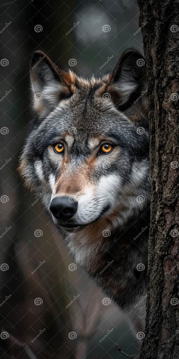 Intense Gaze of a Wolf Peeking from Behind a Tree Stock Illustration ...