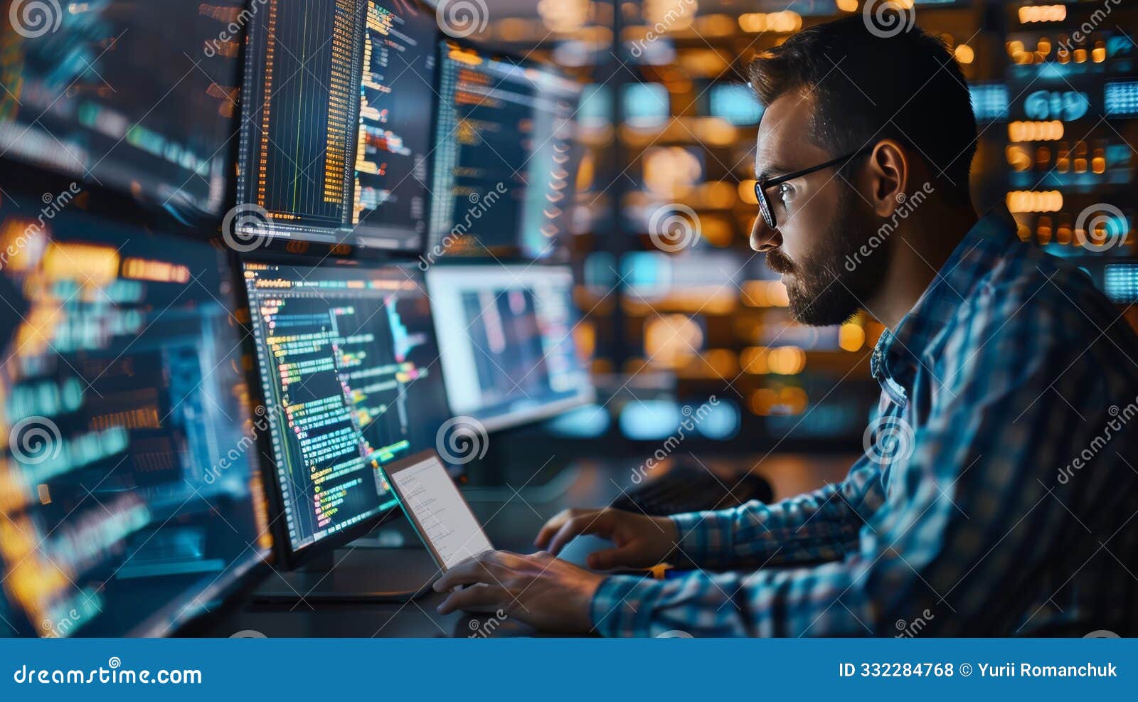 Intense Hacker in a High Tech Environment Surrounded by Screens ...