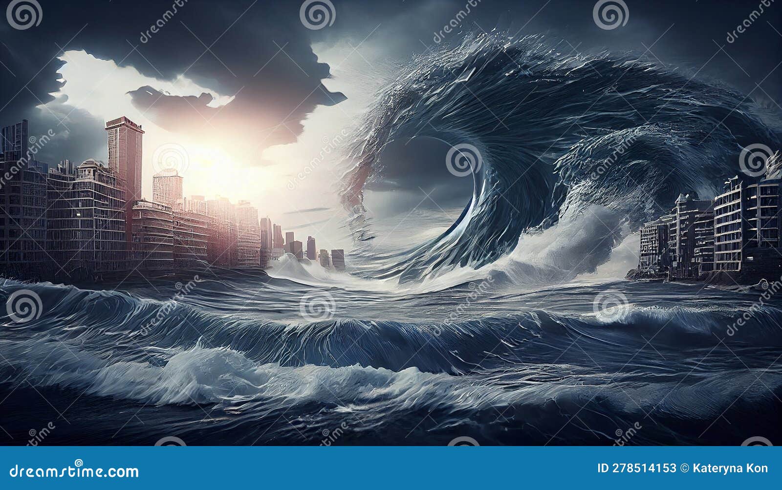 An Intense Illustration Depicting a Devastating Tsunami Rapidly ...