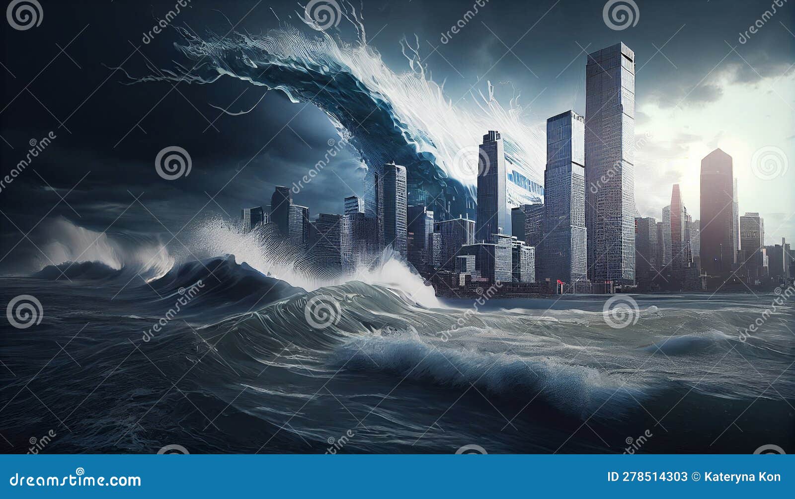 Devastating Tsunami Wave Menacing Urban Skylinecatastrophic Power Of ...