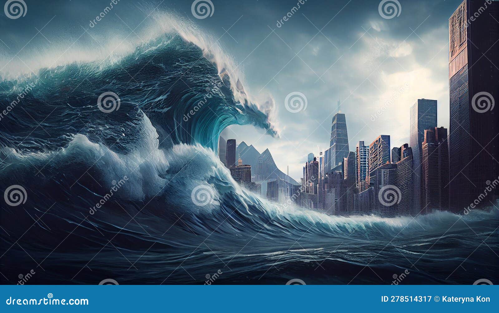 An Intense Illustration Depicting a Devastating Tsunami Rapidly ...