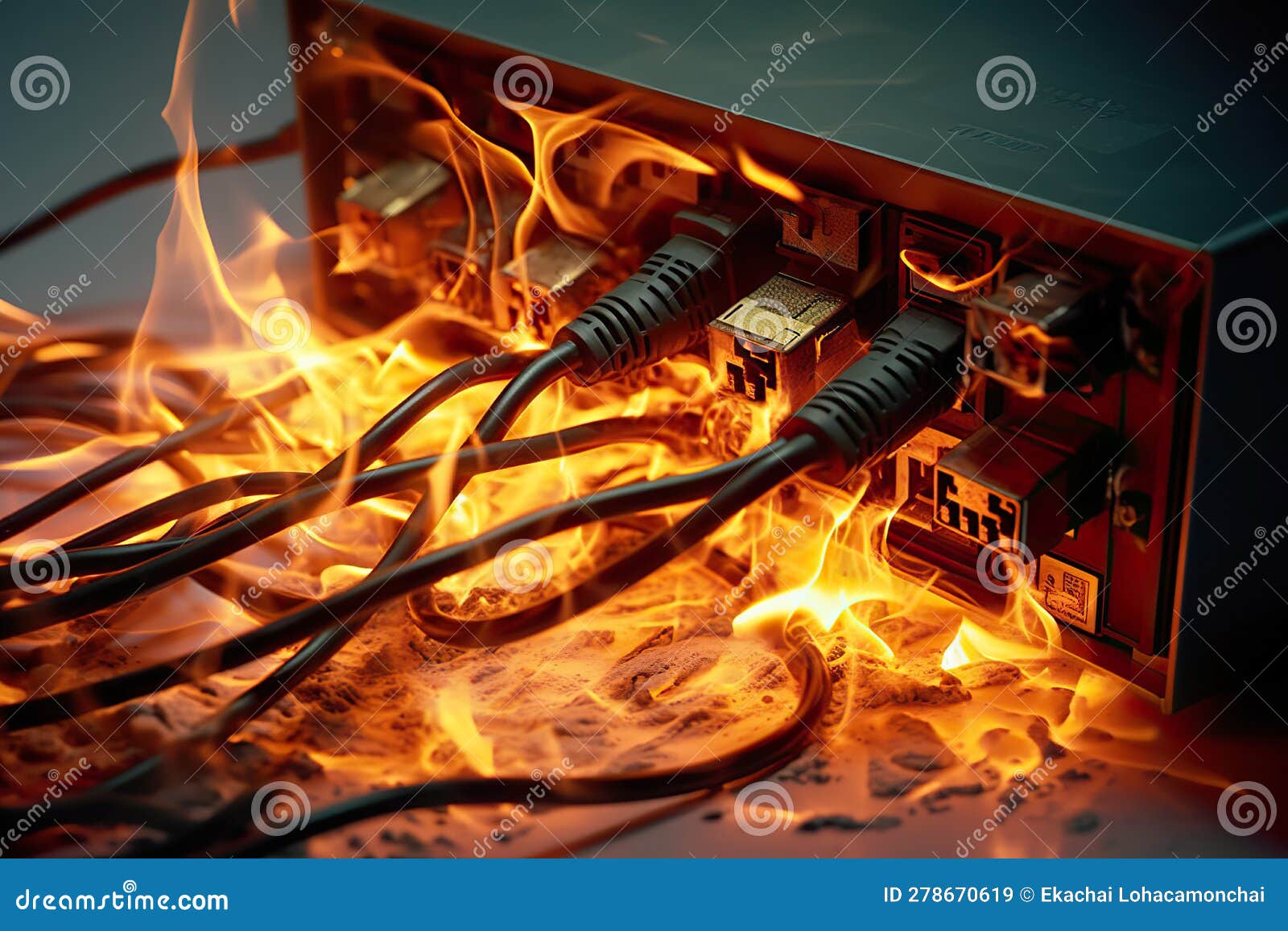 Intense Image of Burning Computer Power Cables, Representing Technology ...
