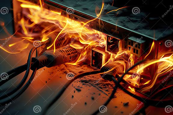 Intense Image of Burning Computer Power Cables, Representing Technology ...