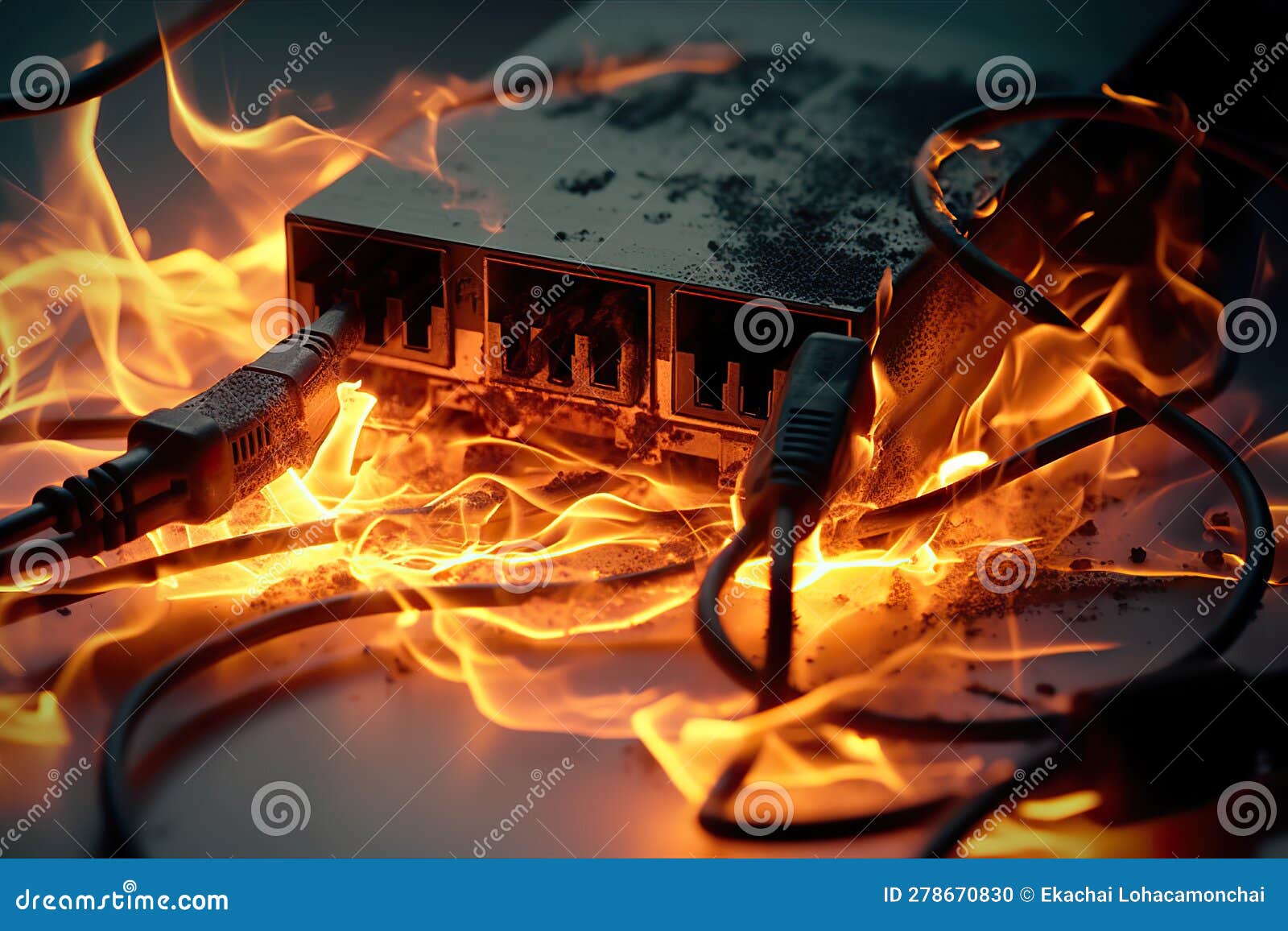 Intense Image of Burning Computer Power Cables, Representing Technology ...