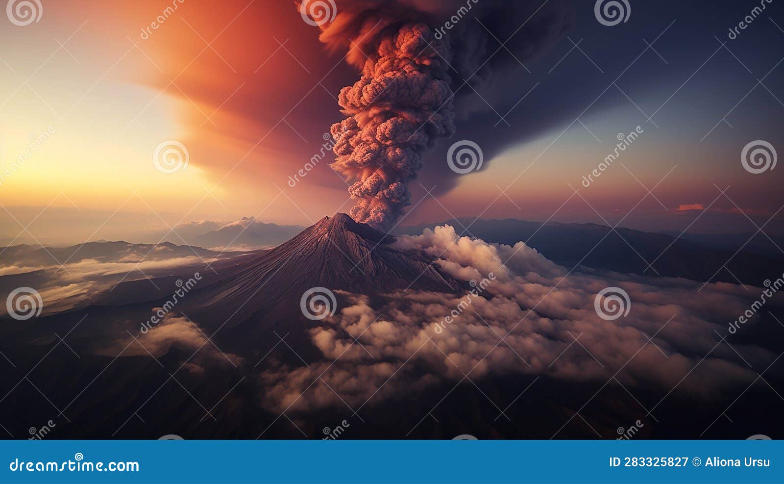 A Volcanic Eruption, with a Towering Plume of Smoke and Ash Ascending ...