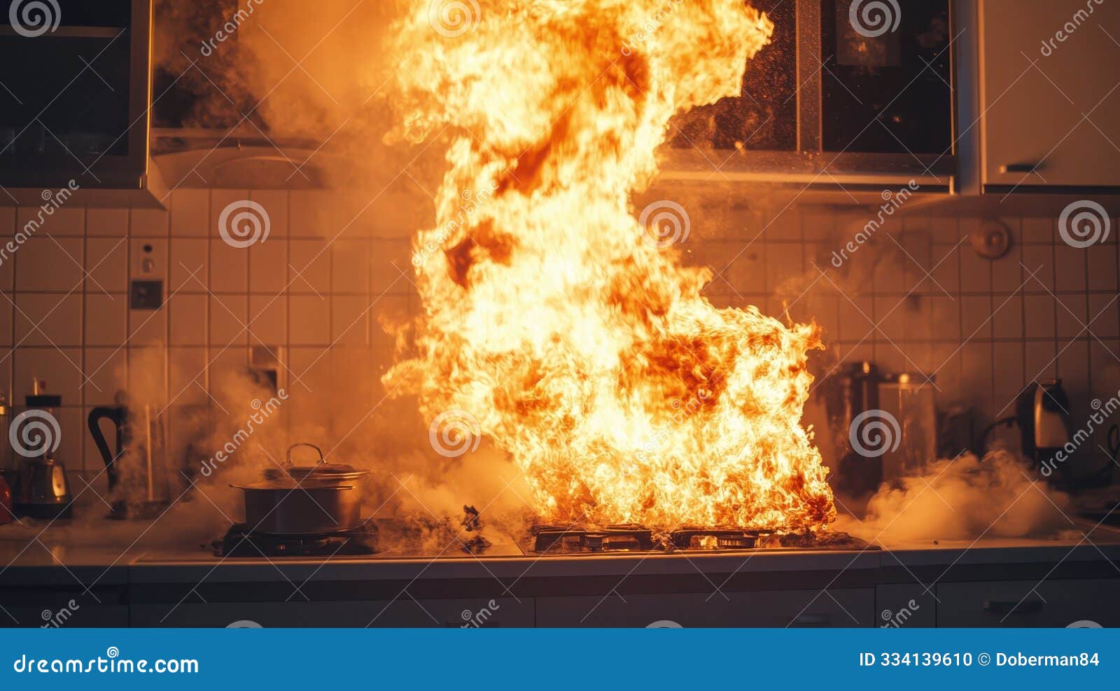 Intense Kitchen Fire with Flames Engulfing a Stovetop, Highlighting the ...