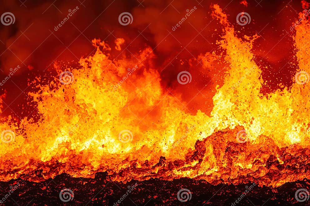 Intense Lava Flow and Flames Creating a Dramatic Volcanic Eruption ...