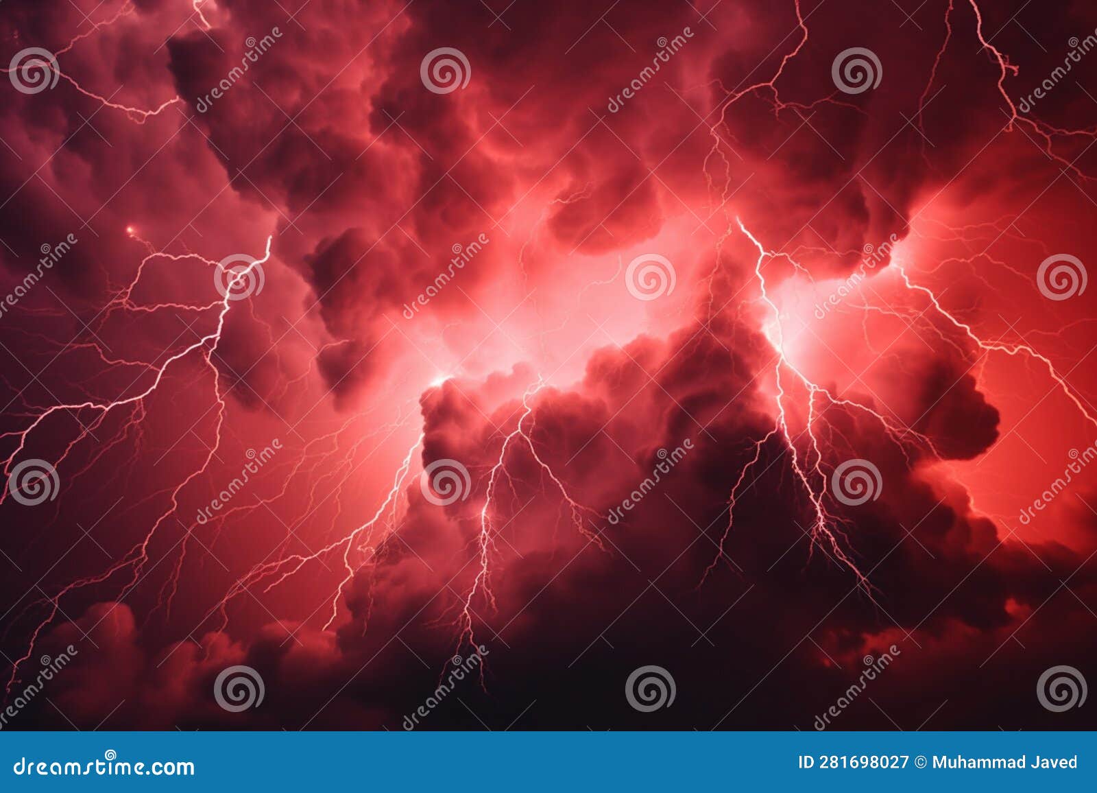 Intense Red Storm Clouds Electrified by Dramatic Bolts of Lightning ...