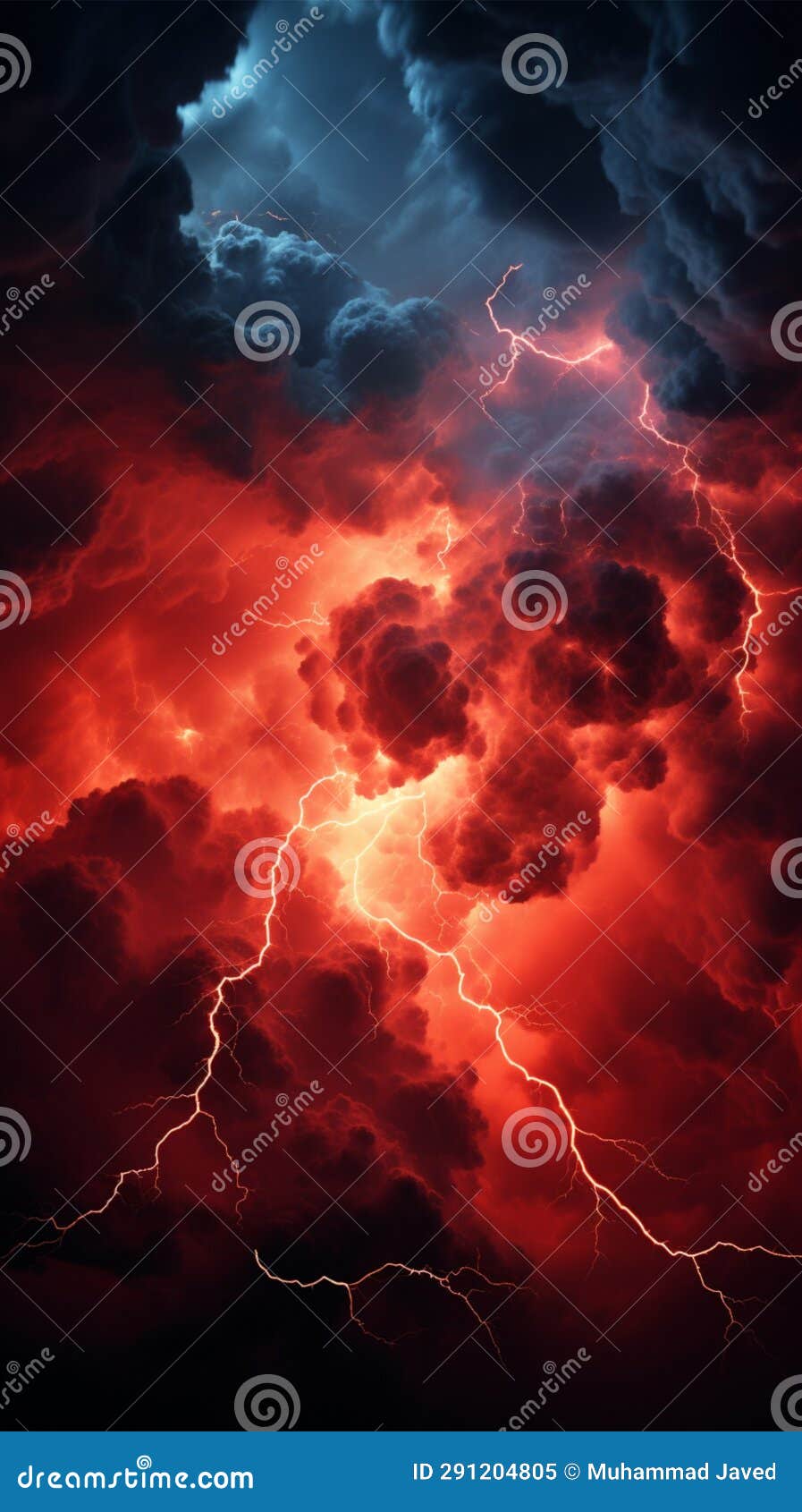 Intense Red Storm Clouds Electrified by Dramatic Bolts of Lightning ...