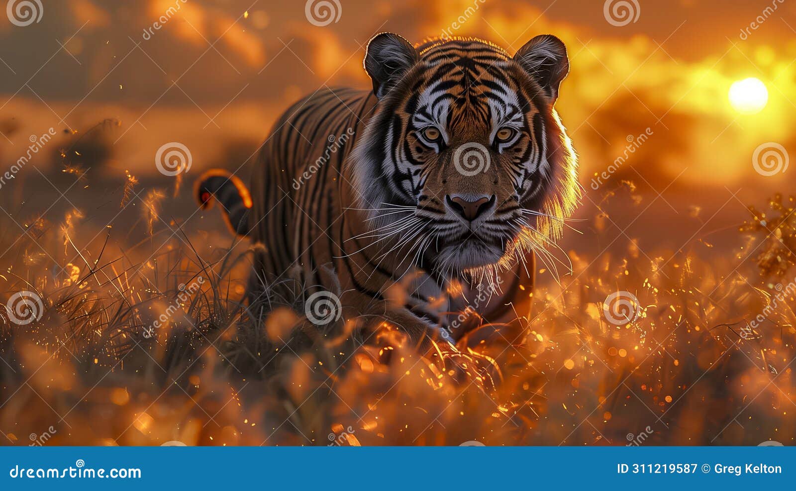 Intense Tiger with Striking Stripes Crouching in the Tall Grass, Eyes ...