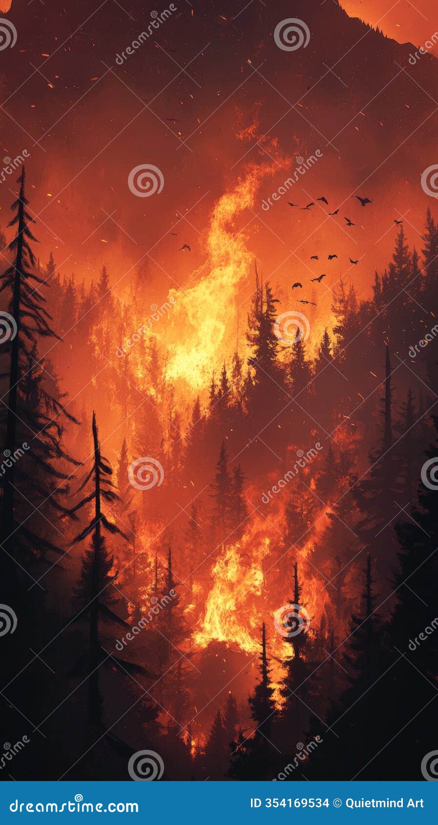 Intense Wildfire in Dense Forest with Towering Flames and Smoky Sky ...