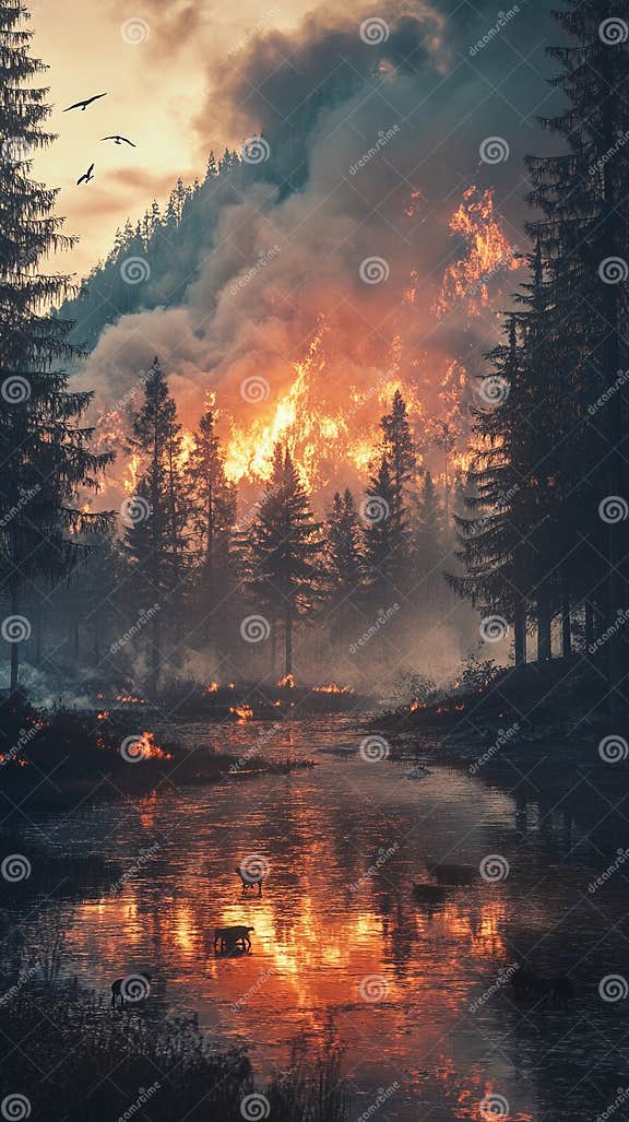 Intense Wildfire Devastating Dense Forest at Sunset Stock Image - Image ...