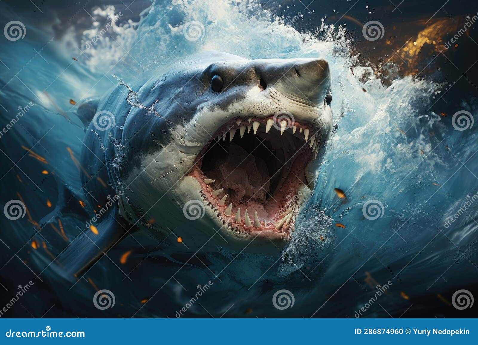 Intensity of a Massive Shark Navigating through Towering Waves Stock ...