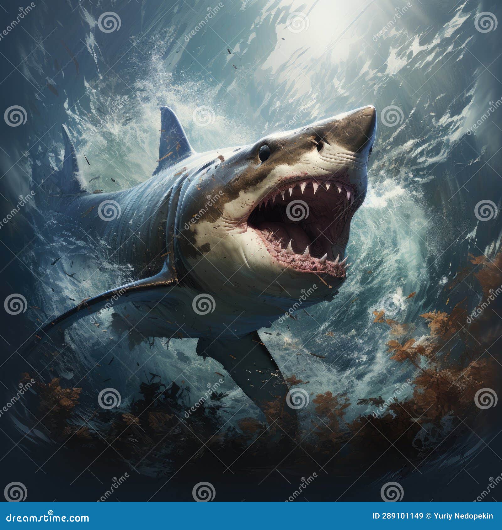 Intensity of a Massive Shark Navigating through Towering Waves Stock ...