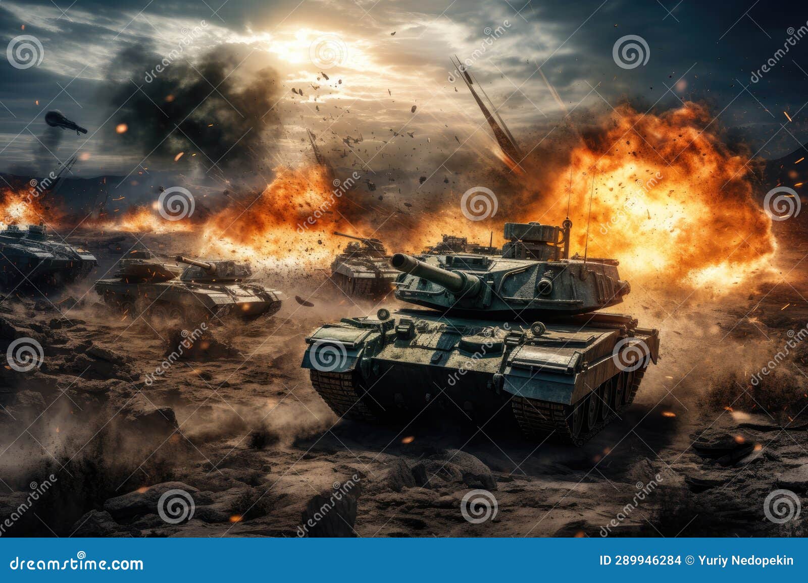 Intensity of a Tank Battle Enhanced by the Use of Drones. Stock Photo ...