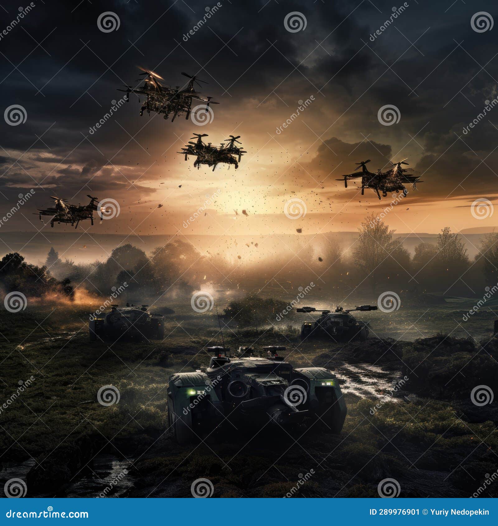 Intensity of a Tank Battle Enhanced by the Use of Drones. Stock Image ...