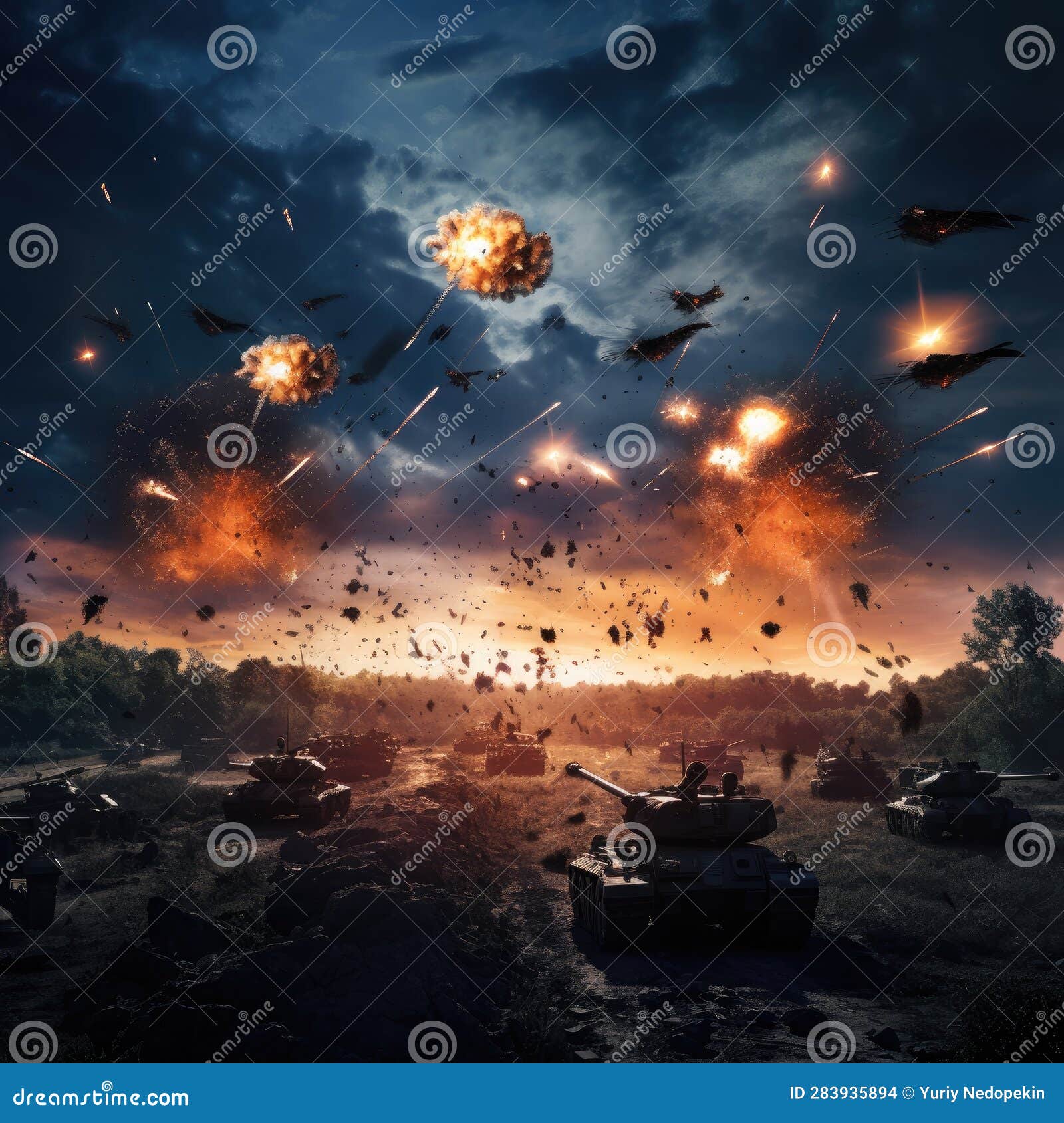 Intensity of a Tank Battle Enhanced by the Use of Drones. Stock ...