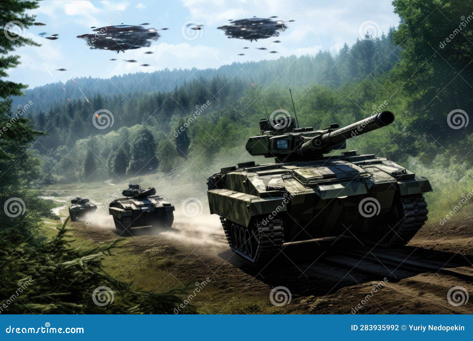 Intensity of a Tank Battle Enhanced by the Use of Drones. Stock ...